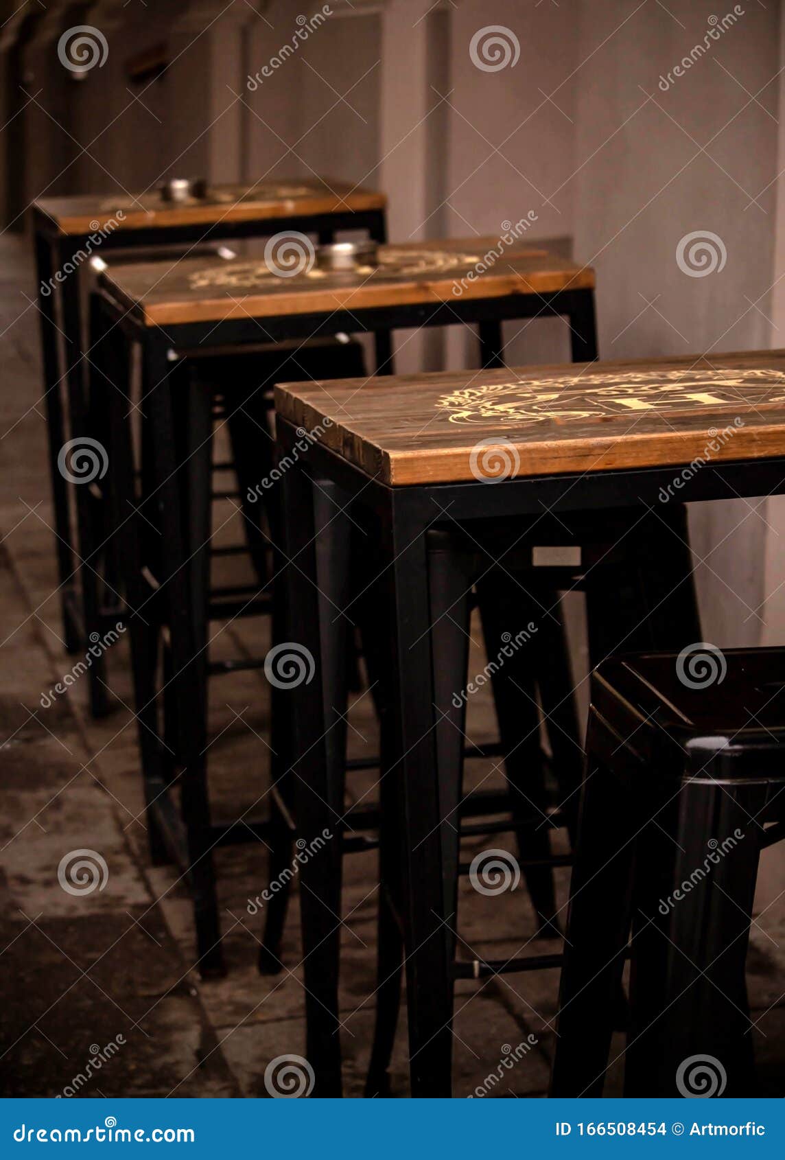 Row of Rectangular Cafe Tables on City Road Sideway Stock Photo - Image ...