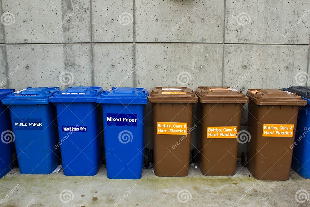 Row of Recycling and Garbage Cans Stock Photo - Image of recycle ...