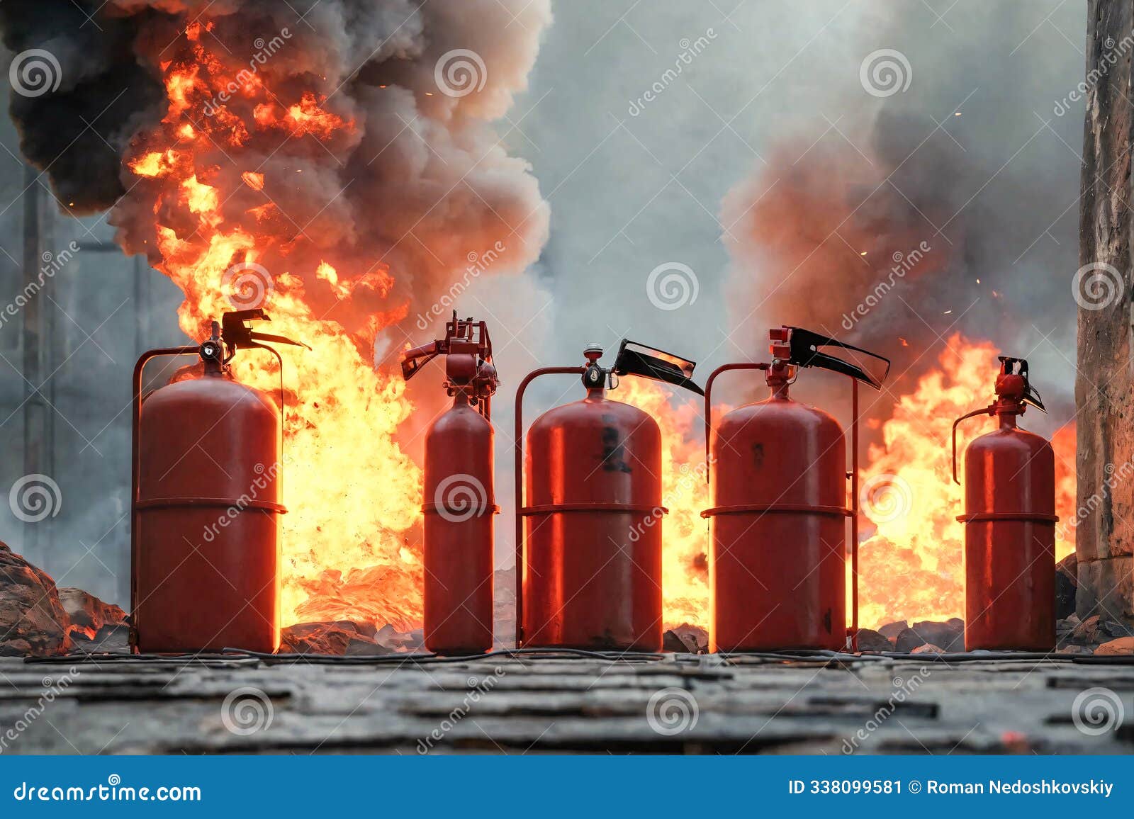 Red Fire Extinguishers Line Up In A Modern Facility Royalty-Free Stock ...