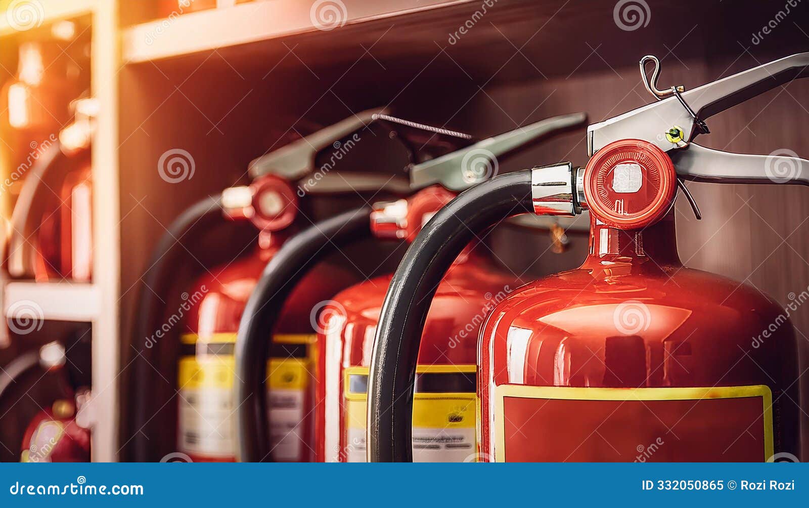 A Row of Red Fire Extinguishers are Lined Up on a Shelf Stock ...
