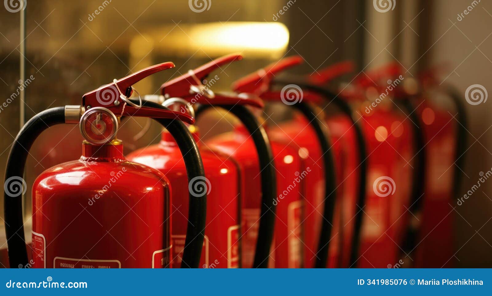 Row of Red Fire Extinguishers on Standby in Building Stock Photo ...