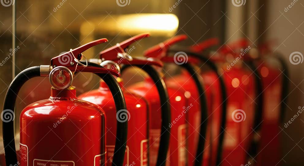 Row of Red Fire Extinguishers on Standby in Building Stock Photo ...