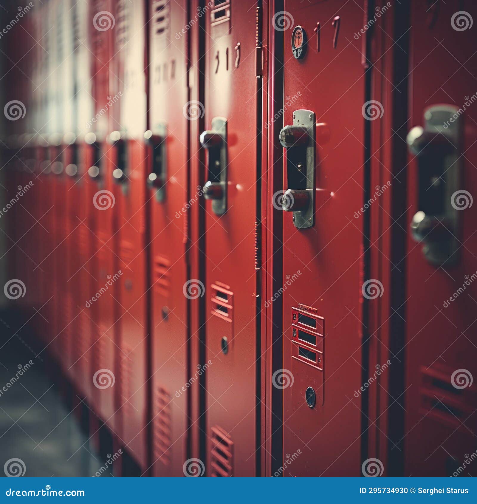 A Row of Red Lockers in a Hallway, AI Stock Photo - Image of safe ...
