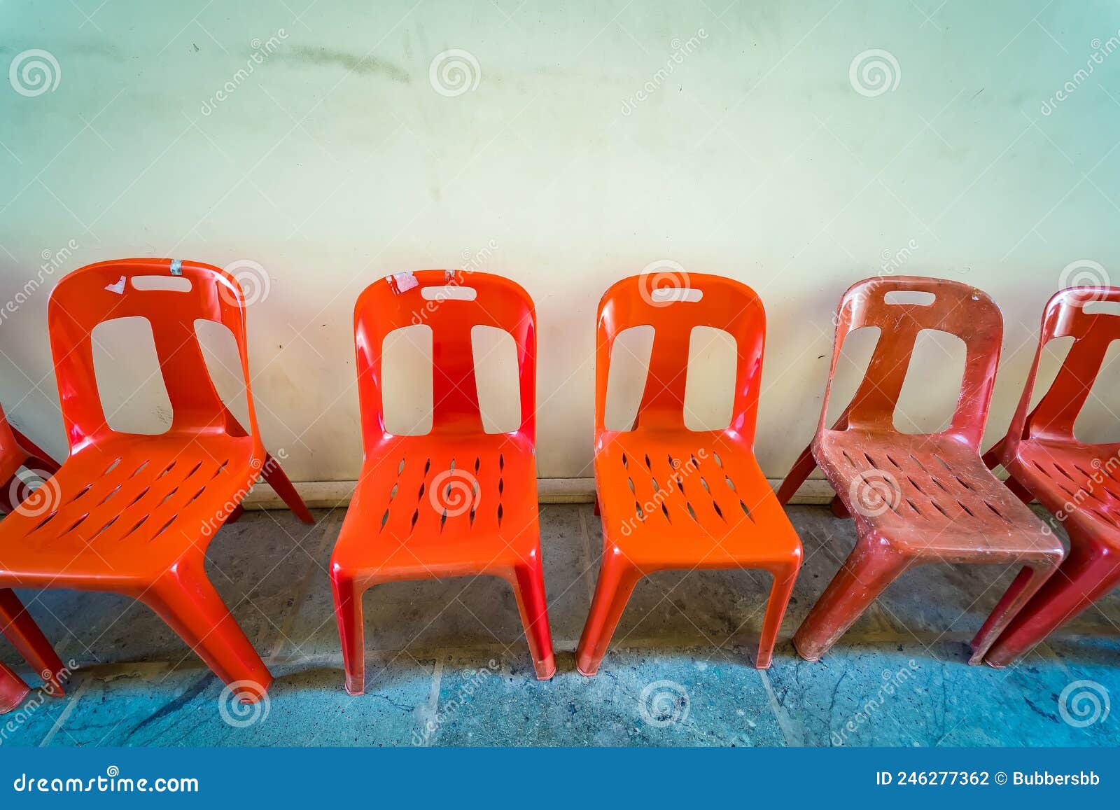Row of Red Plastic Chair on the Floor Stock Photo - Image of horizontal ...