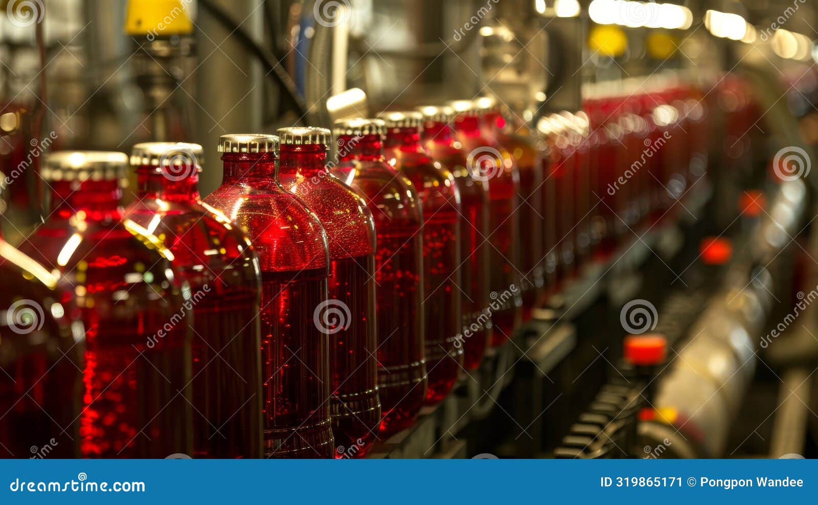 Row of Red Plastic Soda Bottles on a Conveyor Belt Moving through the ...