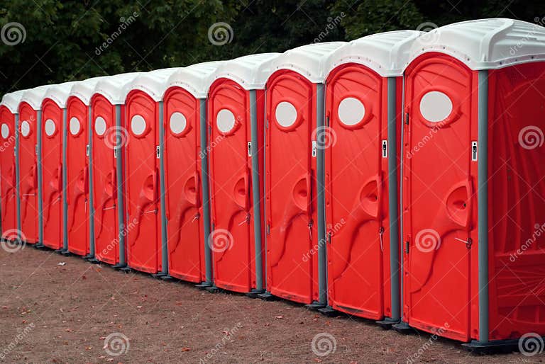 Row of Red Portable Toilets Stock Image - Image of festival, summer ...