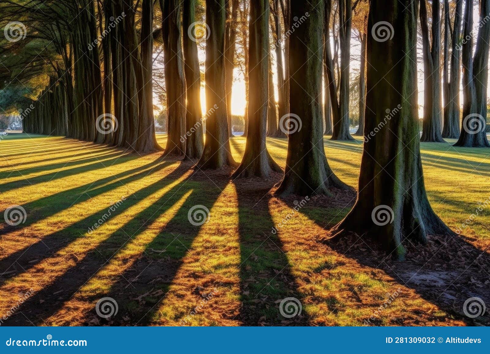 Row of Redwood Trees Casting Long Shadows at Dawn Stock Illustration ...