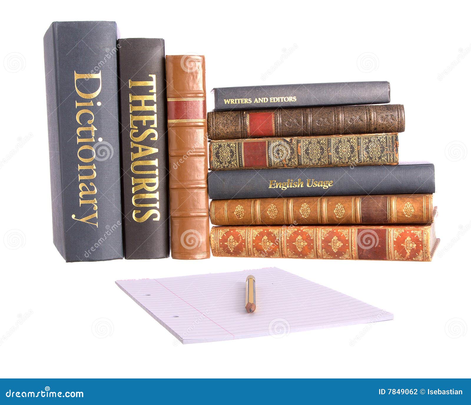 Row of Reference Books with Paper and Pencil Stock Photo - Image of ...
