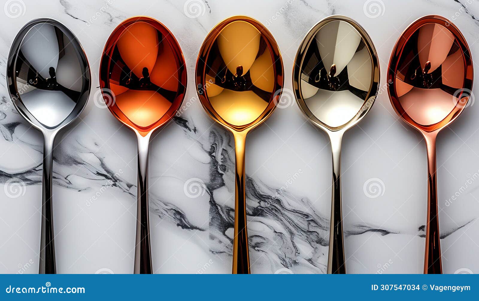 A Row of Reflective Spoons with Colored Coatings on a Marbled White ...