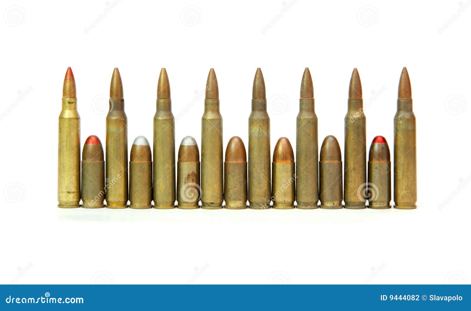 Row of Rifle and Pistol Cartridges Isolated Stock Photo - Image of ammo ...