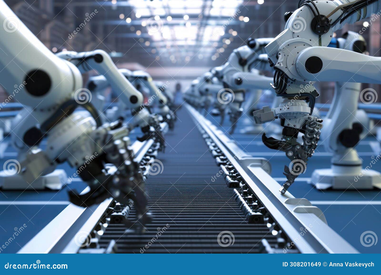 Robotic Arms in Aerospace Engineering Factory Move Down Conveyor Belt ...