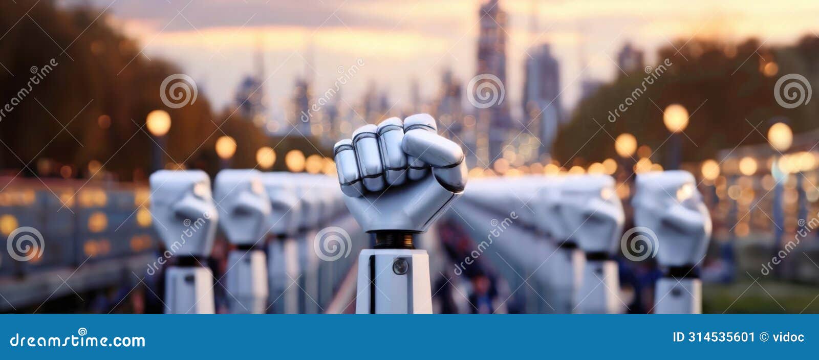 Row of Robotic Hands Raised in a Gesture of Unity or Solidarity. the ...