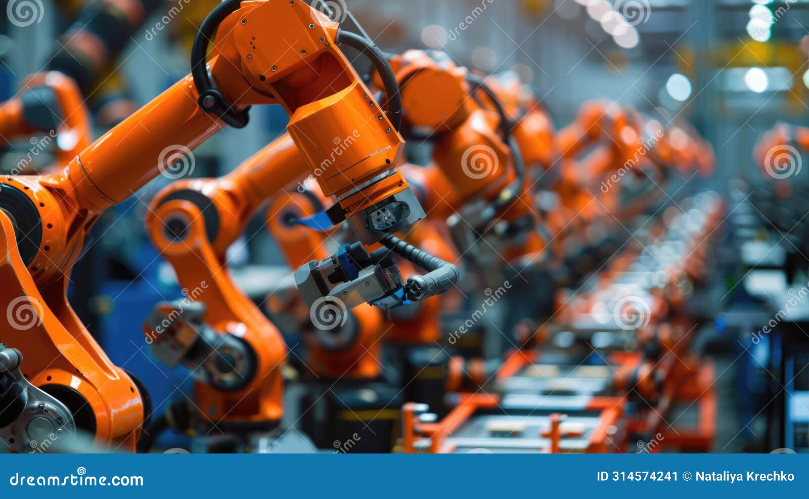 A Row of Robots are Efficiently Working in an Engineering Factory Stock ...