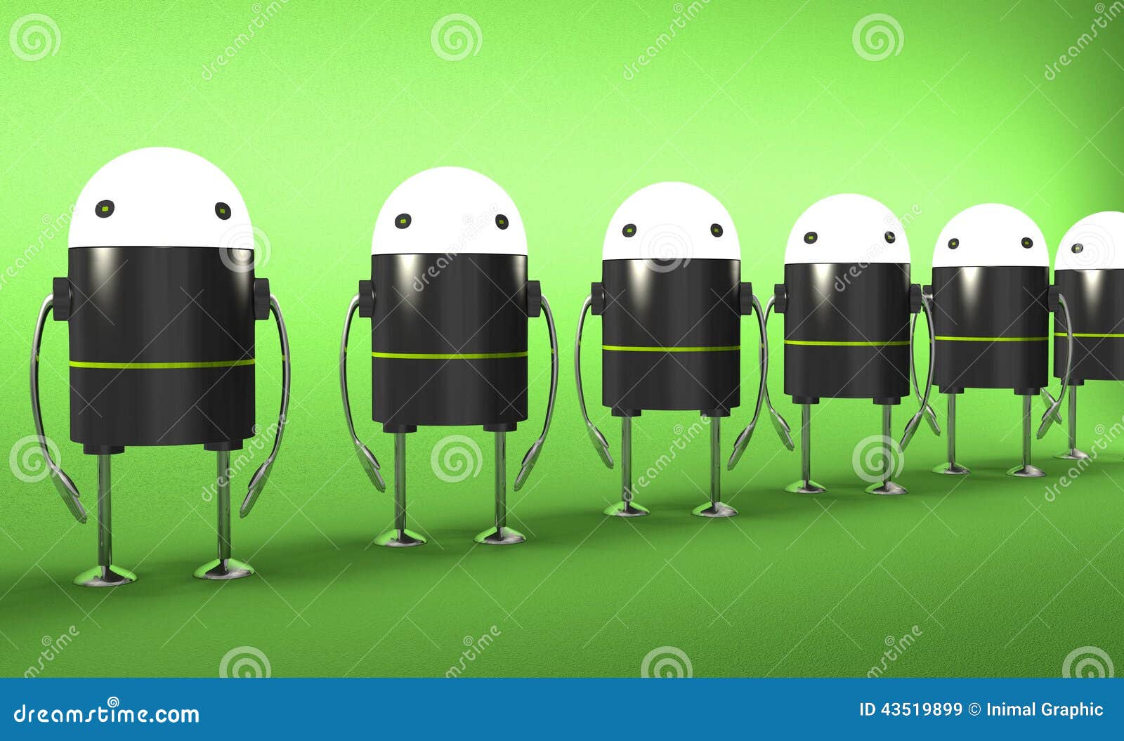 Row of Robots with Glowing Heads, Perspective View Stock Illustration ...