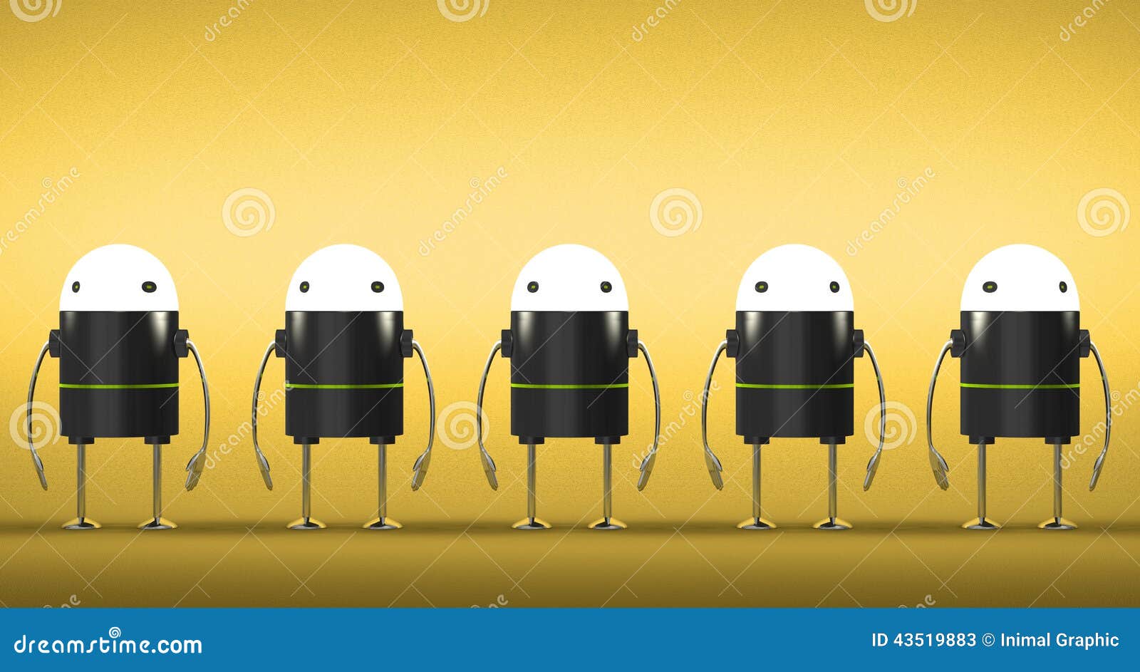 Row of Robots with Glowing Heads Stock Illustration - Illustration of ...