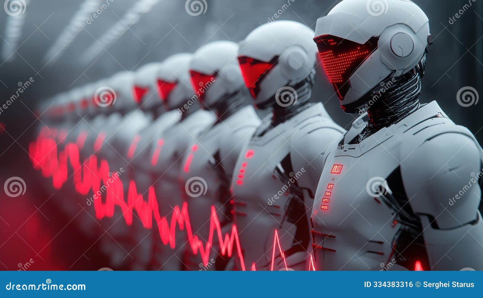 A Row of Robots Lined Up in a Line with Glowing Red Lights, AI Stock ...