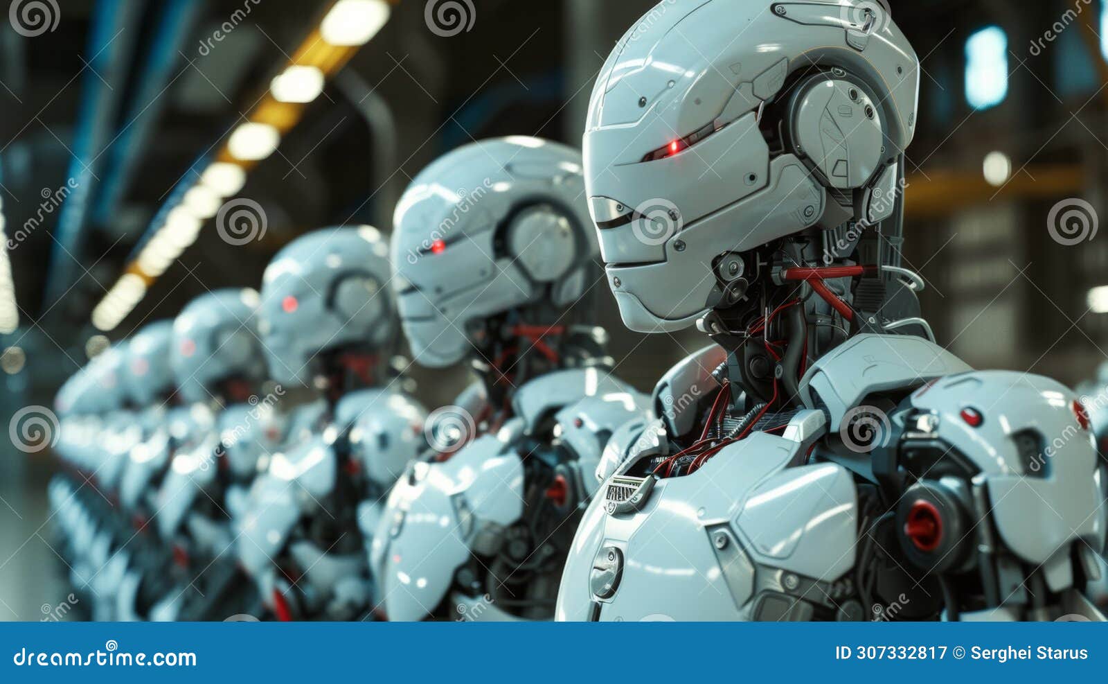 A Row of Robots Lined Up in a Warehouse with Red Lights, AI Stock Image ...
