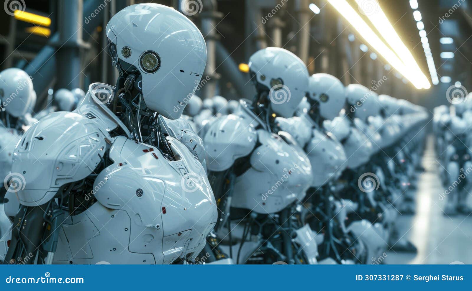 A Row of Robots Lined Up in a Warehouse with White Helmets, AI Stock ...