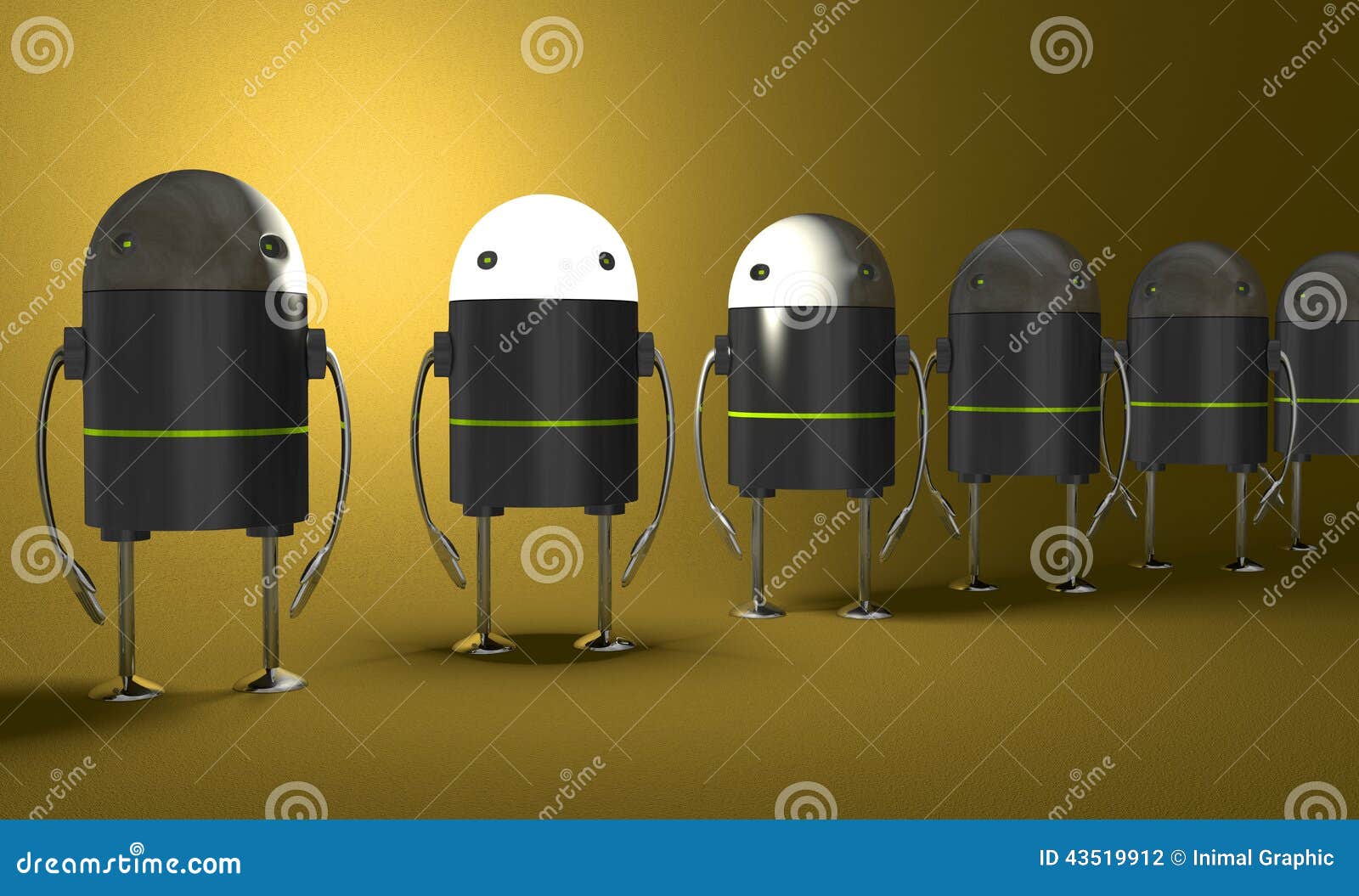 Row of Robots, One with Glowing Head, Perspective Stock Illustration ...