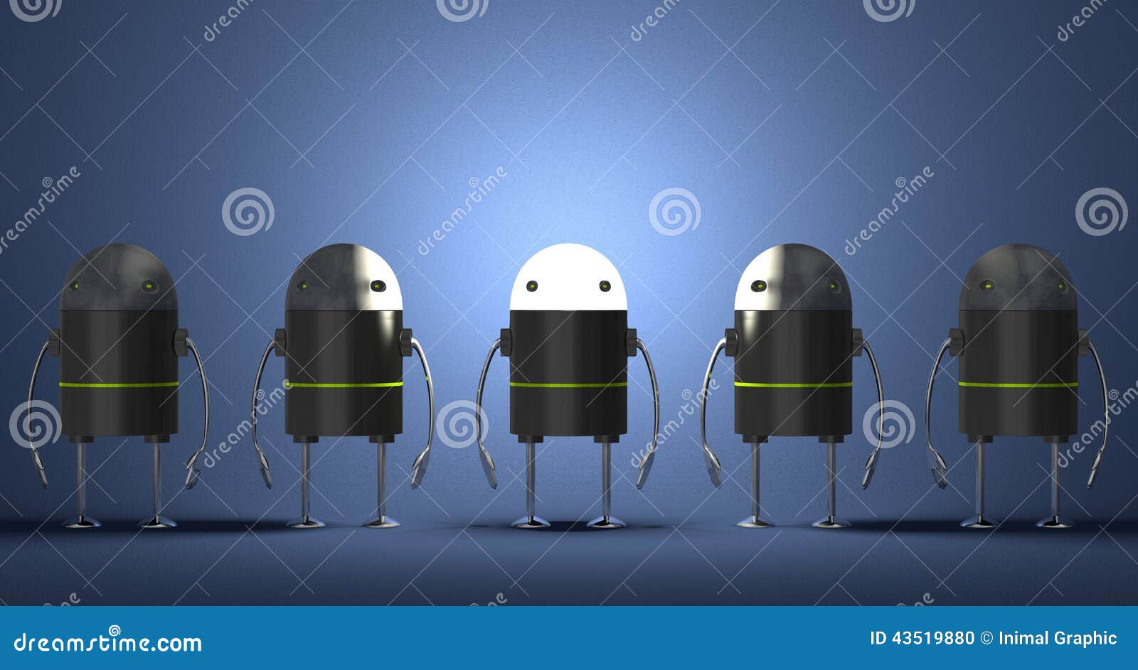 Row of Robots, One of Them with Glowing Head Stock Illustration ...