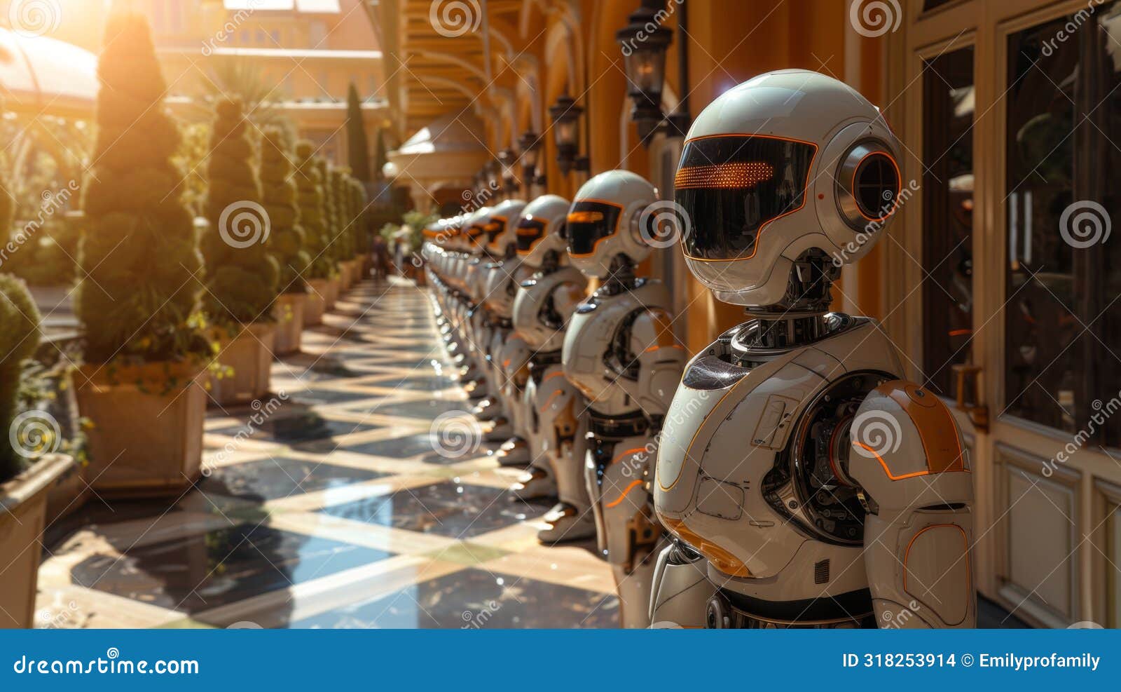 Row of Robots Outside Building Stock Photo - Image of structure ...