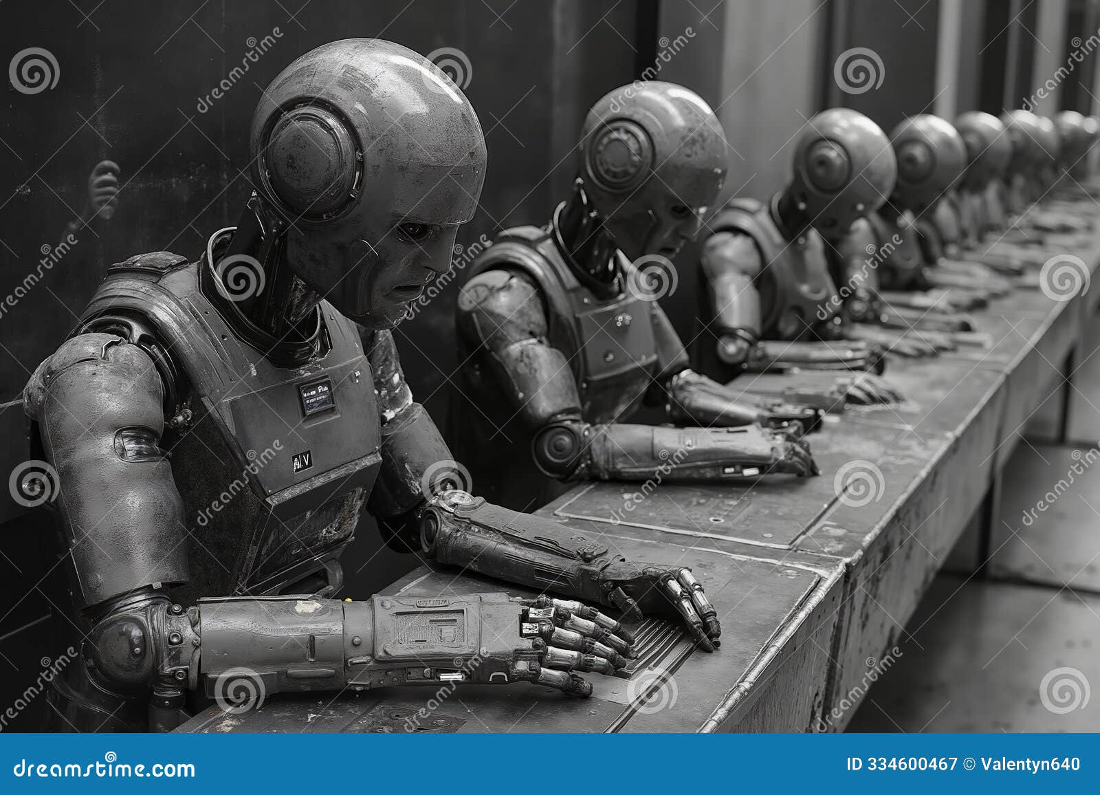 A Row of Robots Sitting at a Long Table Stock Image - Image of ...
