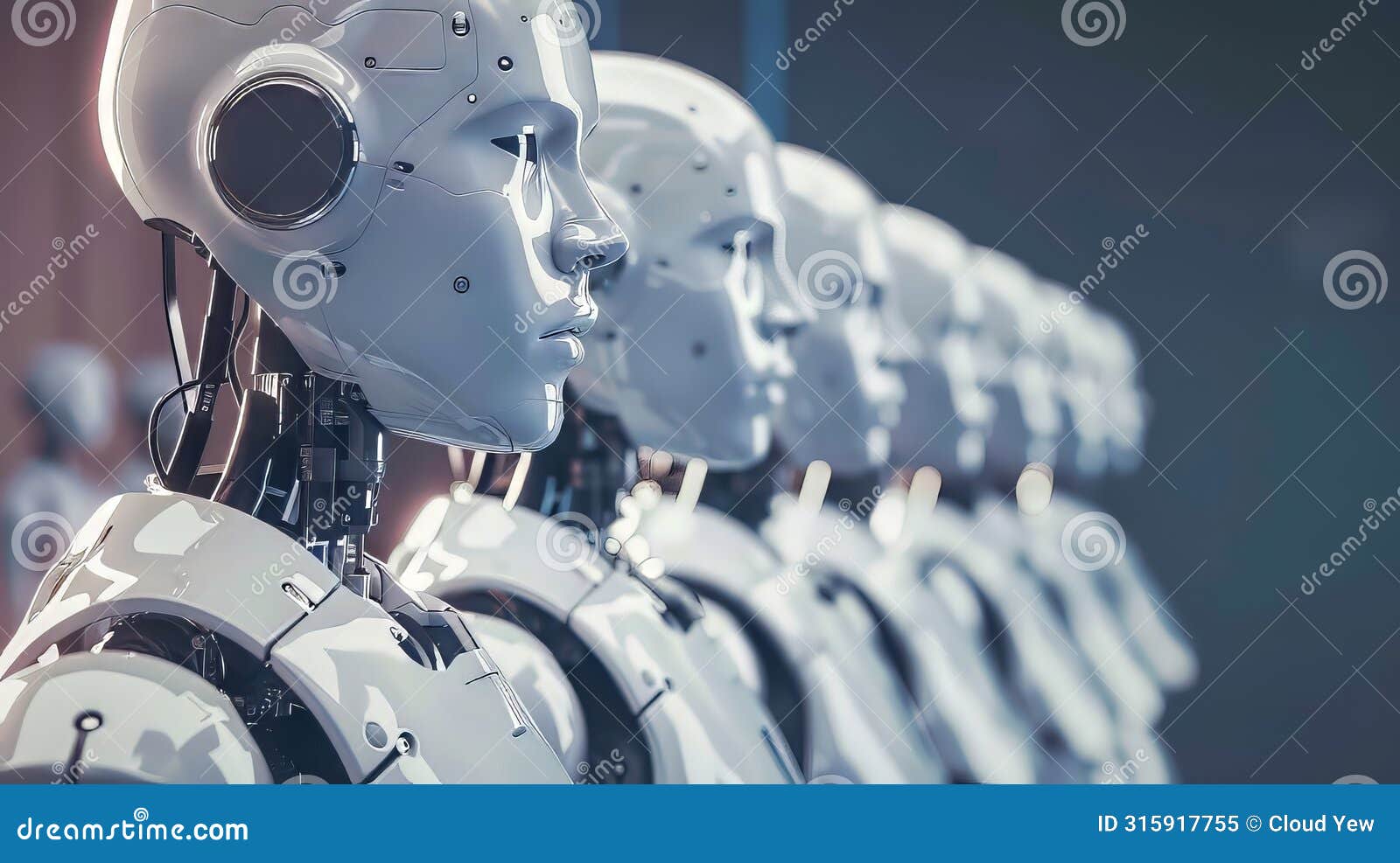 A Row of Robots Stand in a Line, All with the Same Design and Color ...