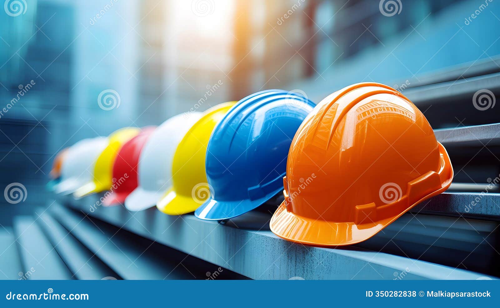 Row of Safety Helmets of Different Colors Construction Workers ...