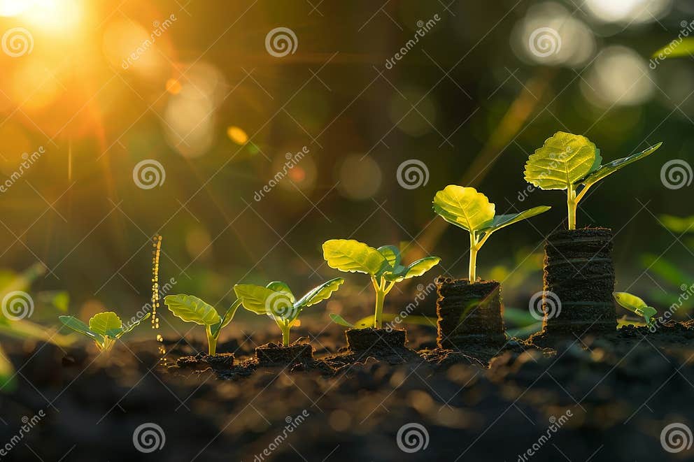 A Row of Saplings Growing in Soil at Sunset, Showcasing the Concept of ...