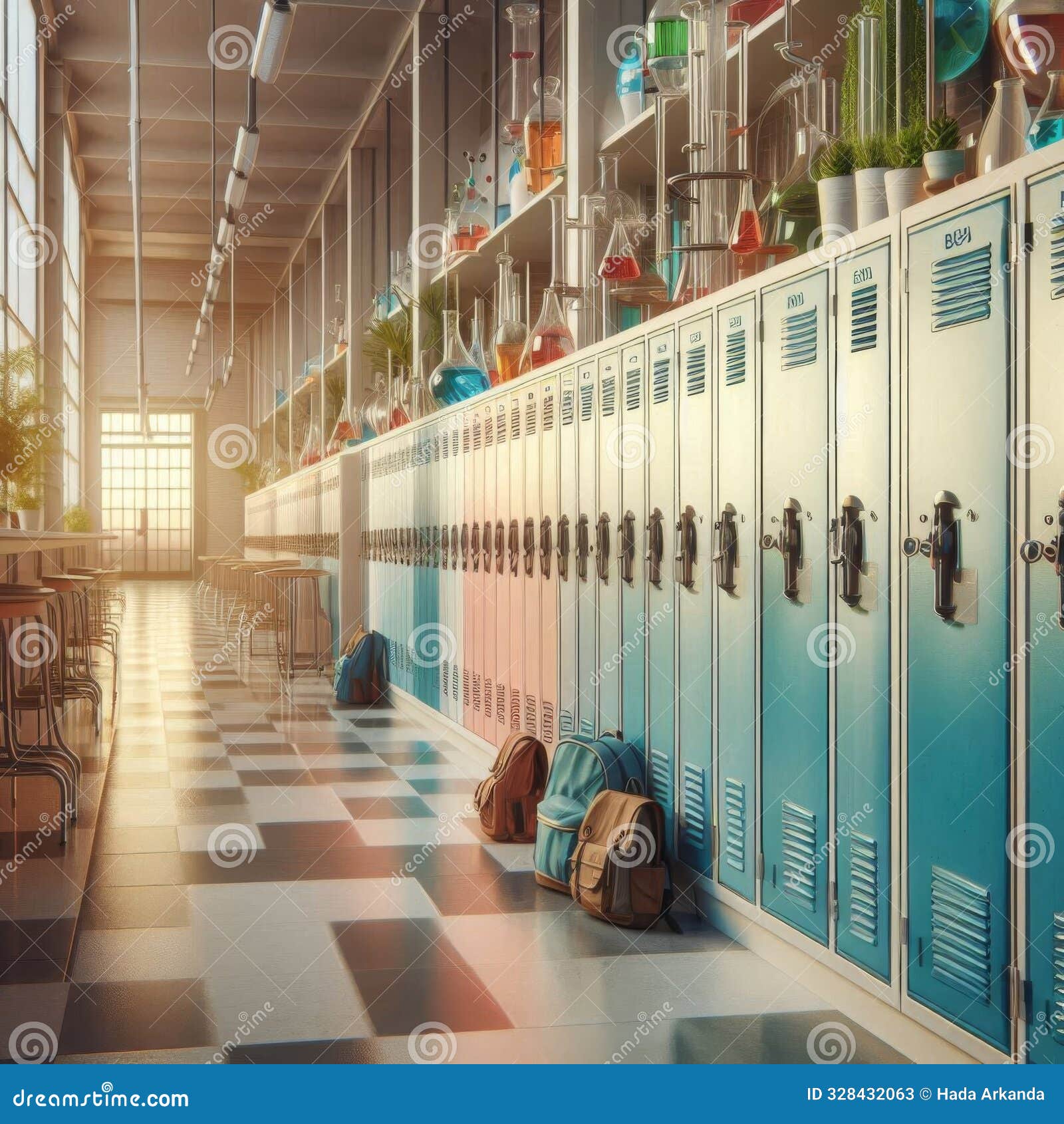 Row of School Lockers in the Science Hallway Stock Illustration ...