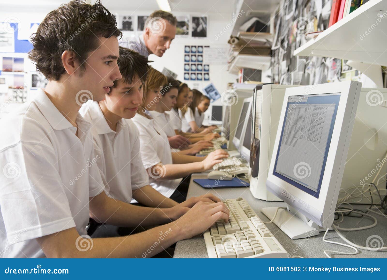 Row of Schoolchildren Studying on Computer Stock Photo - Image of ...