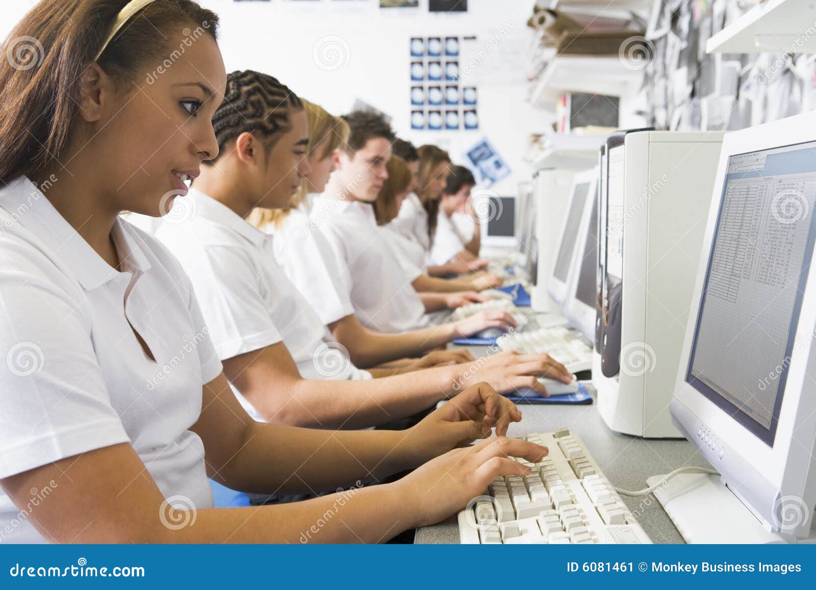 Row of Schoolchildren Studying on Computers Stock Image - Image of ...