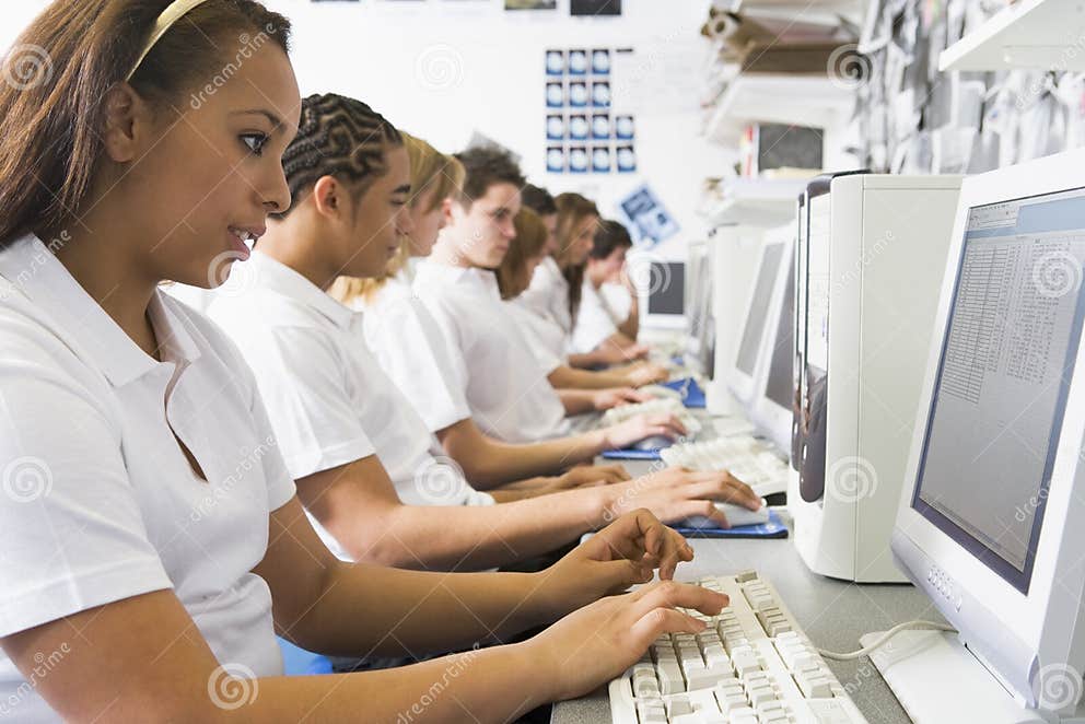 Row of Schoolchildren Studying on Computers Stock Image - Image of ...