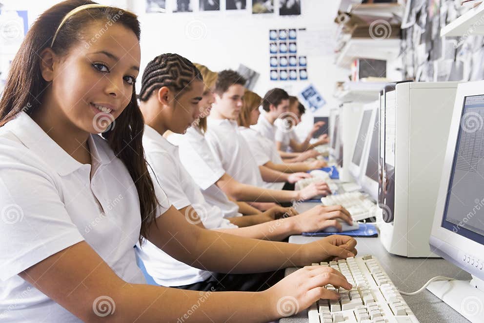 Row of Schoolchildren Studying in on Computers Stock Image - Image of ...