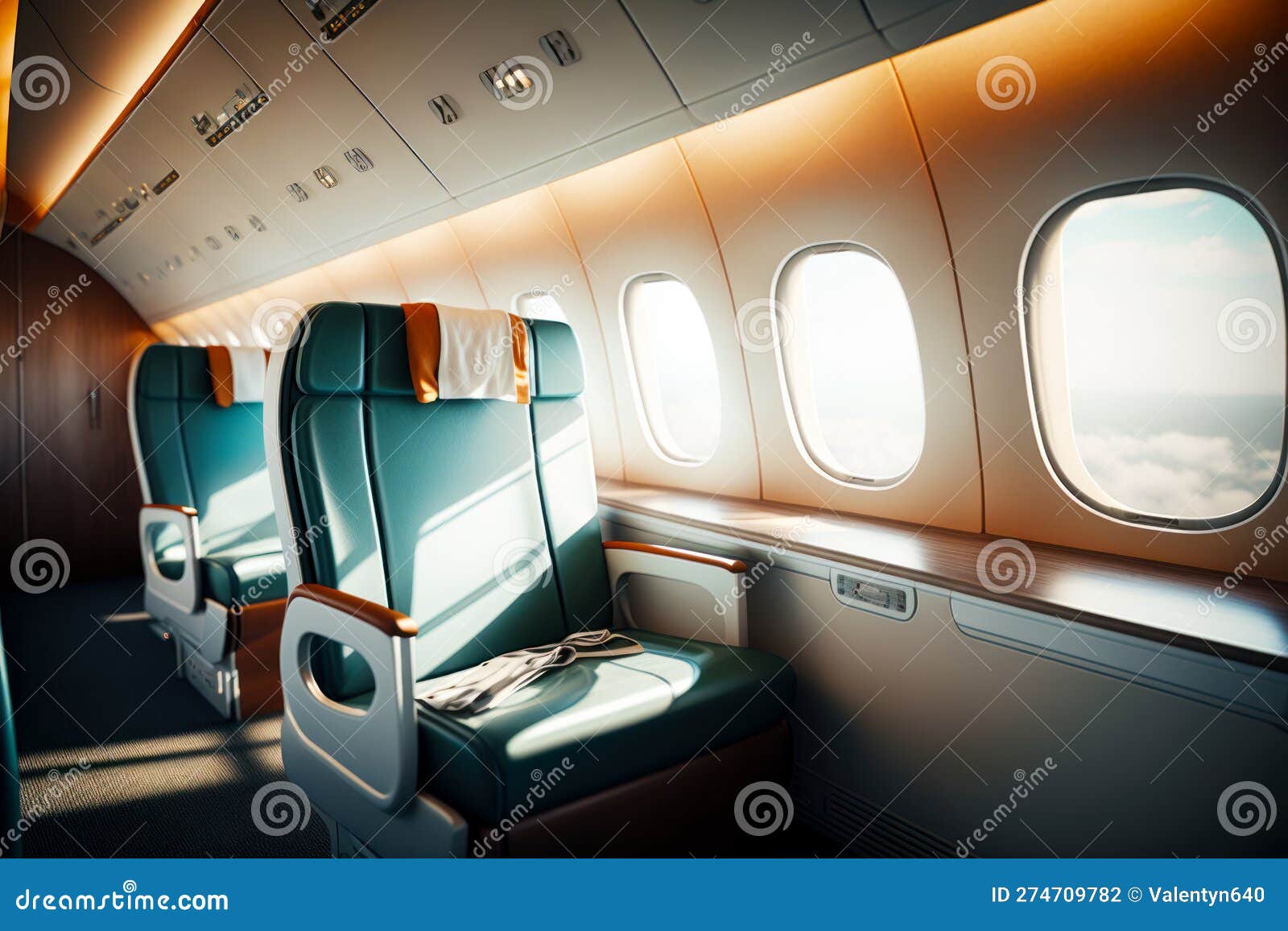 Row of Seats in Airplane with View of the Outside of the Plane ...