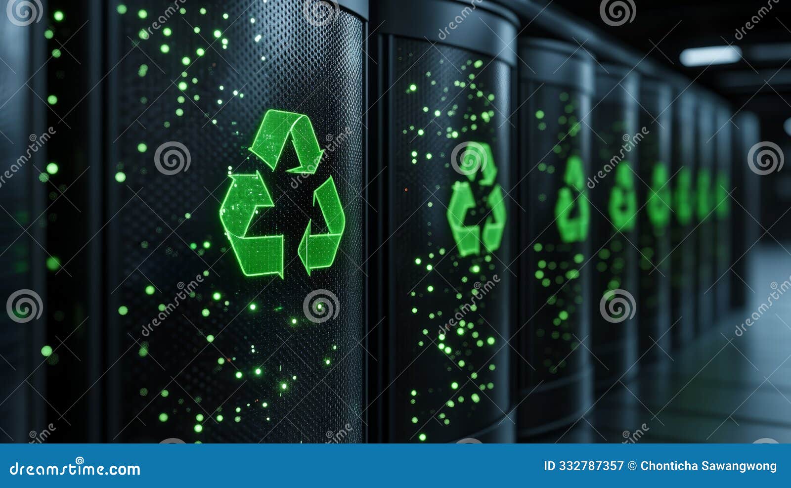 A Row of Server Racks with Glowing Green Recycling Symbols ...