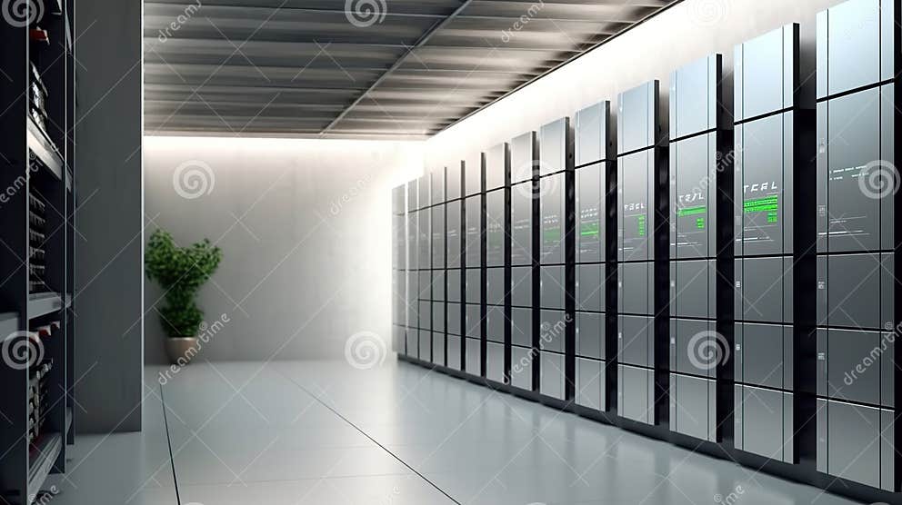 A Row of Server Racks in a Modern Data Center with a Plant in the ...