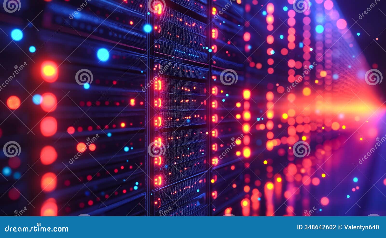 A Row of Servers in a Data Center with Red and Blue Lights Stock Photo ...