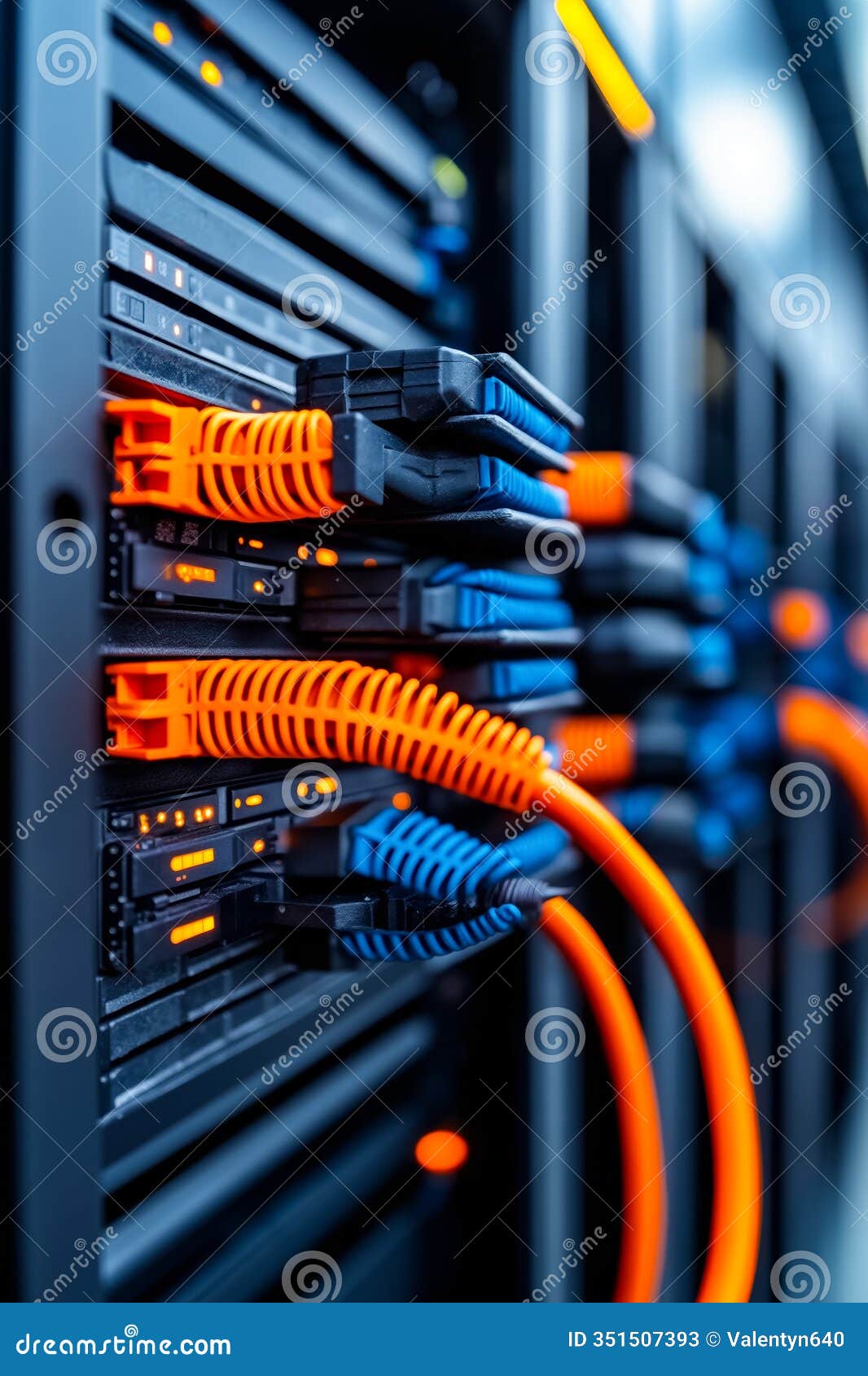 A Row of Servers with Orange and Blue Cables Connected To Them Stock ...