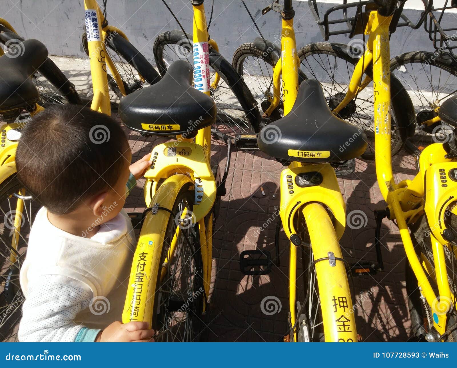 Shenzhen, China: a Row of Shared Bicycles Parked on the Sidewalk ... Shenzhen, China: a Row of Shared Bicycles Parked on the Sidewalk ...