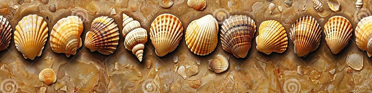 A Row of Shells are Shown in a Row on a Brown Surface Stock Photo ...