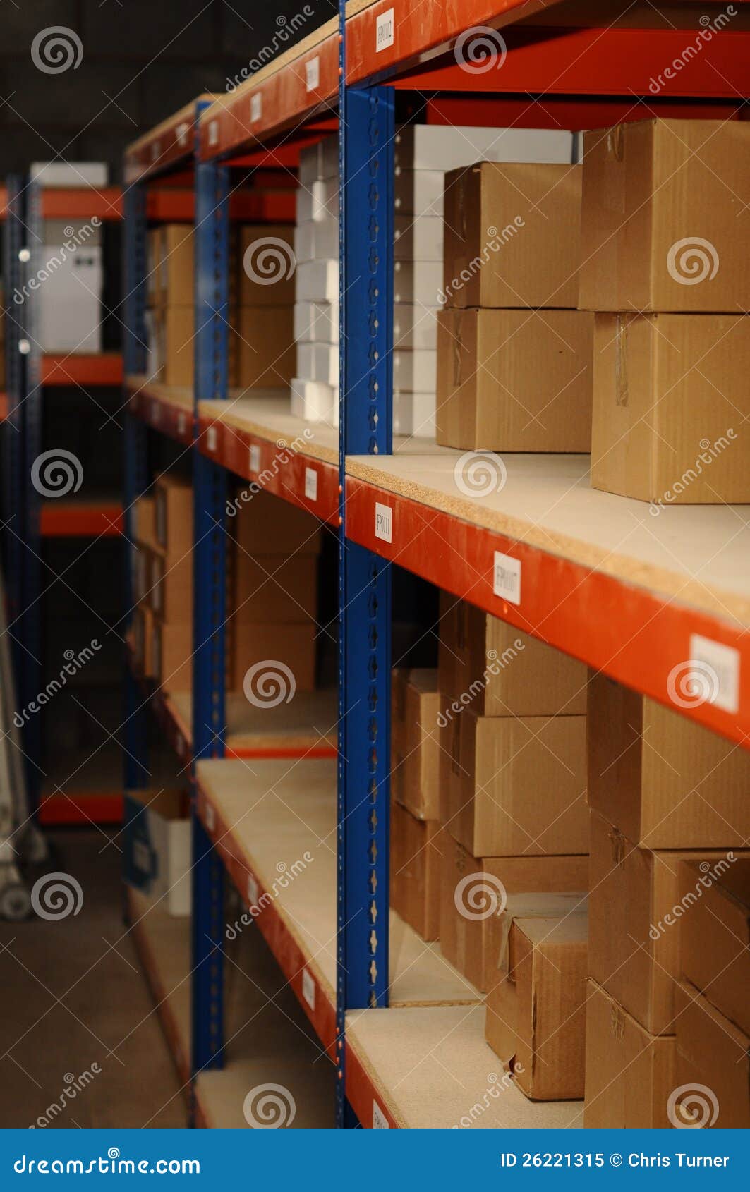 Row of Shelves with Boxes on Stock Image - Image of factory, delivery ...
