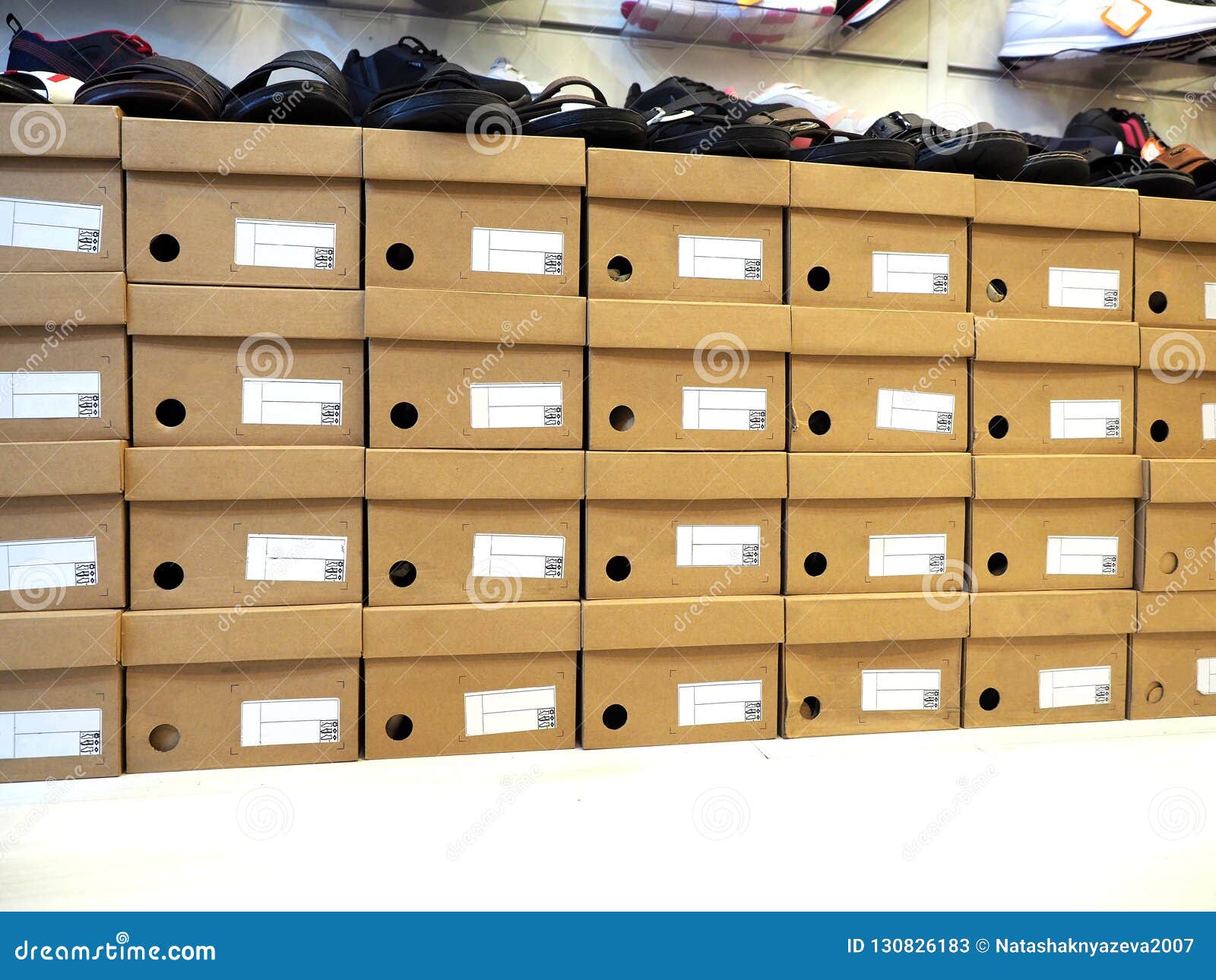 Row of Shoes Box and Shoes Stacked in Store Stock Image - Image of ...