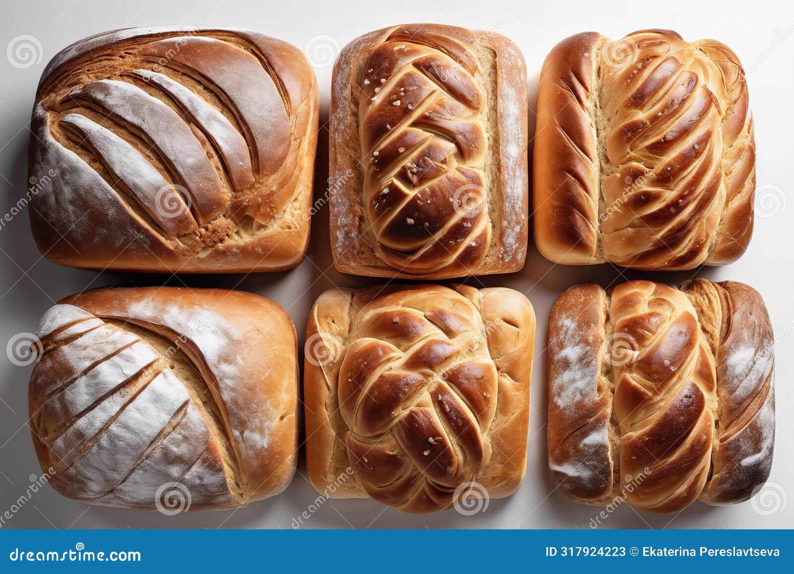Row of Six Different Types of Bread, Including a Baguette Stock Image ...