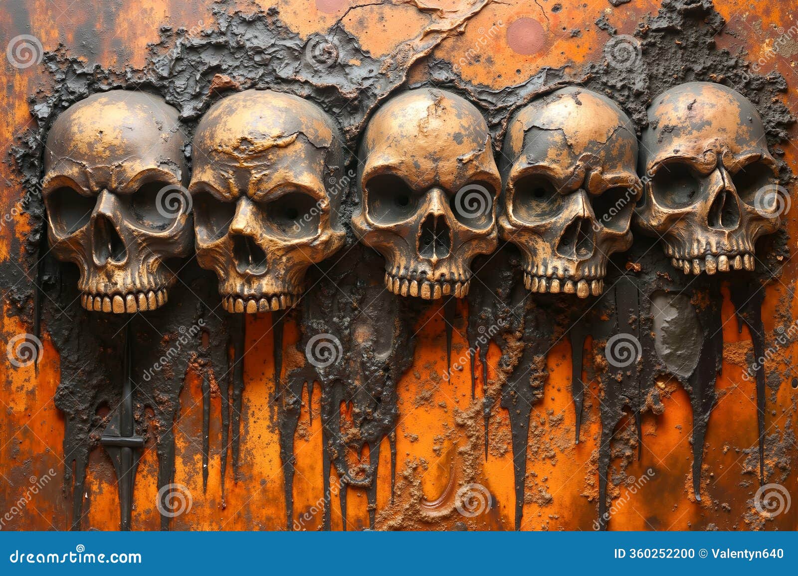 A Row of Skulls on a Rusty Metal Surface Stock Photo - Image of creepy ...