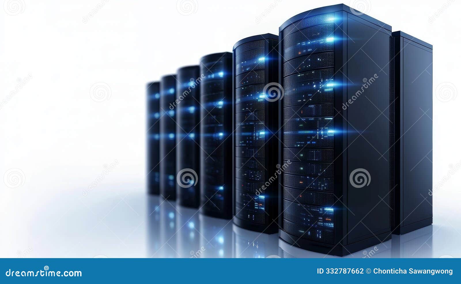 A Row of Sleek Black Servers with Glowing Blue Lights, Symbolizing Data ...