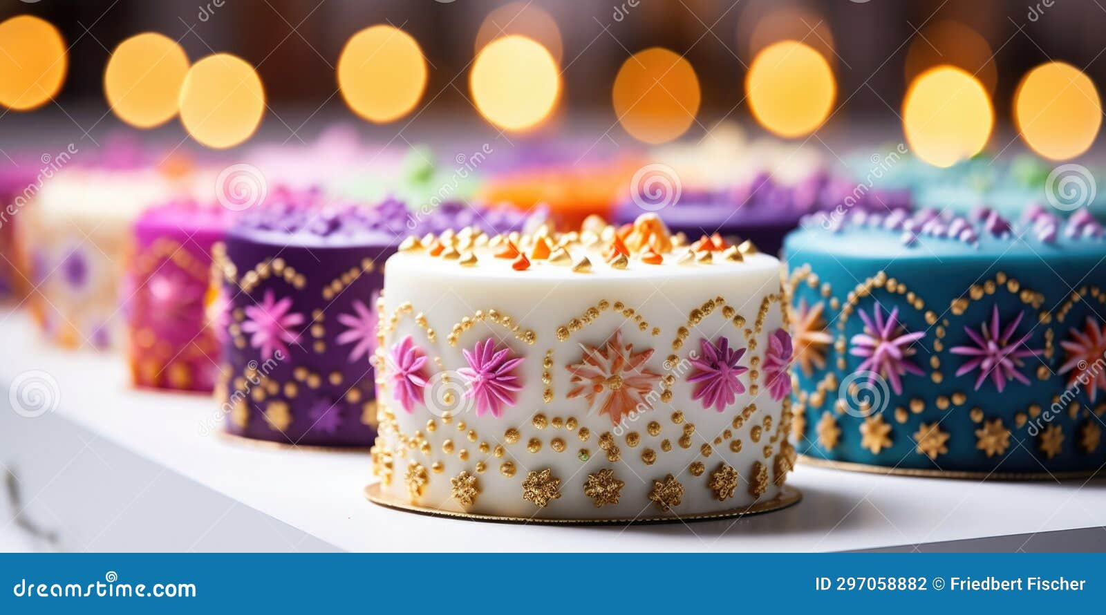 A Row of Small Bite-sized Decorated Celebration Cakes Stock Photo ...