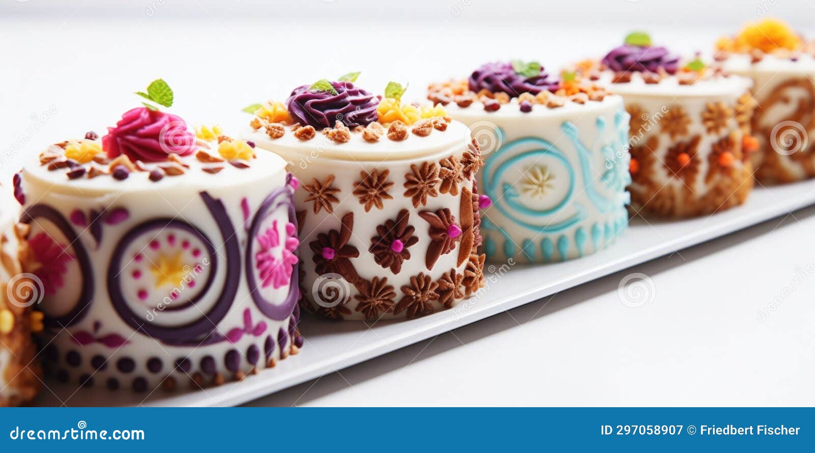A Row of Small Bite-sized Decorated Celebration Cakes Stock Image ...