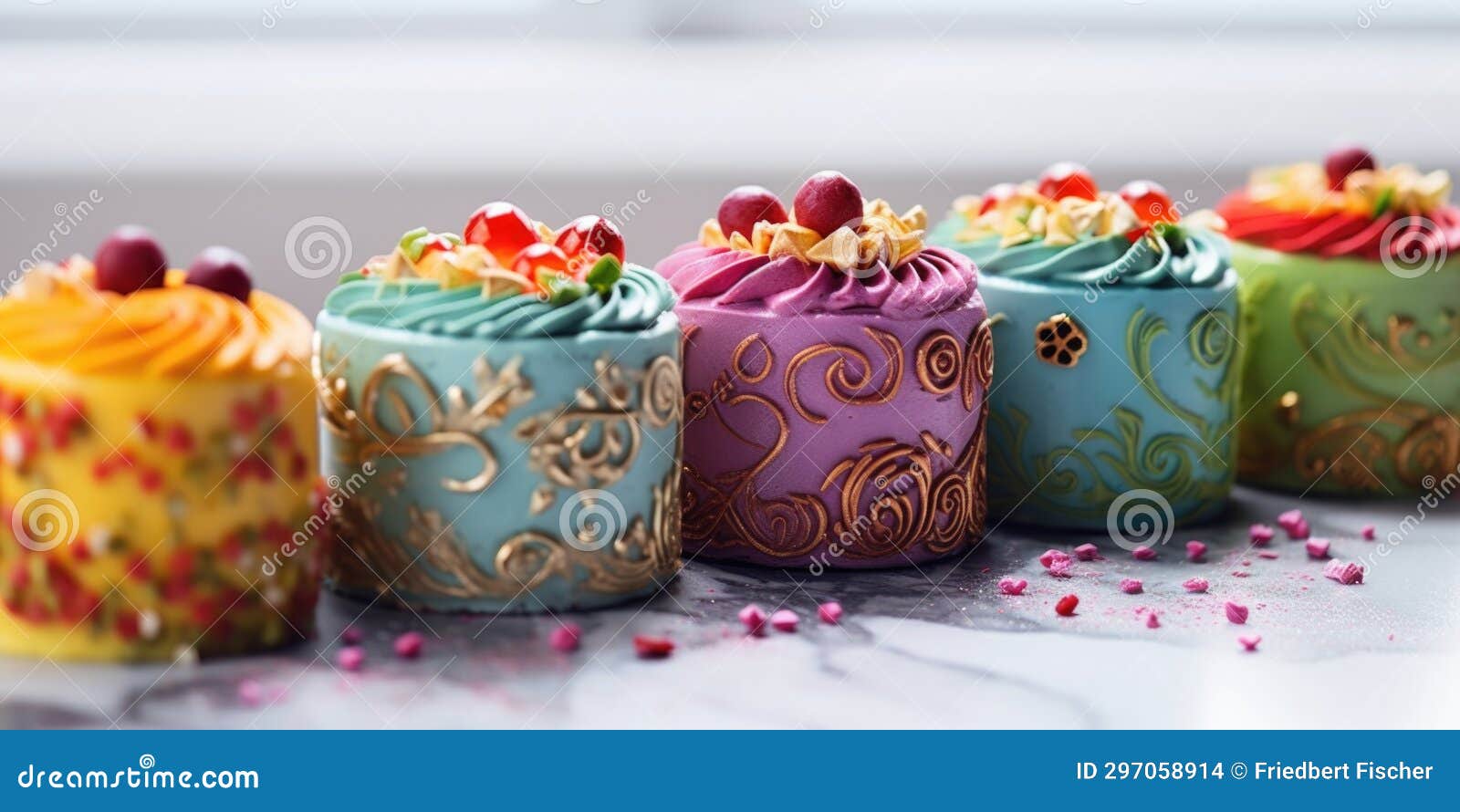 A Row of Small Bite-sized Decorated Celebration Cakes Stock Photo ...