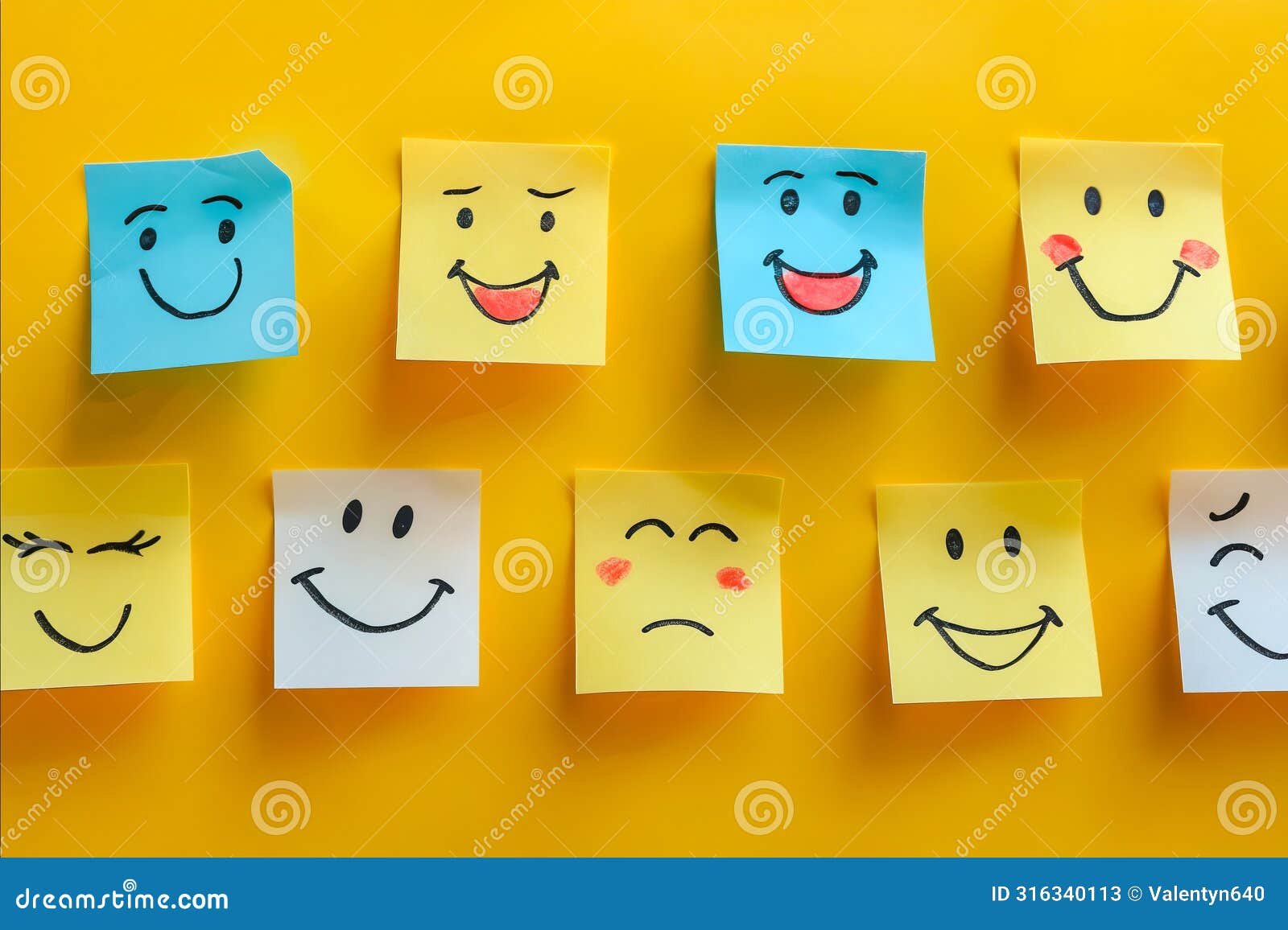 A Row of Smiley Faces are Written on Yellow Sticky Notes. Generative AI ...